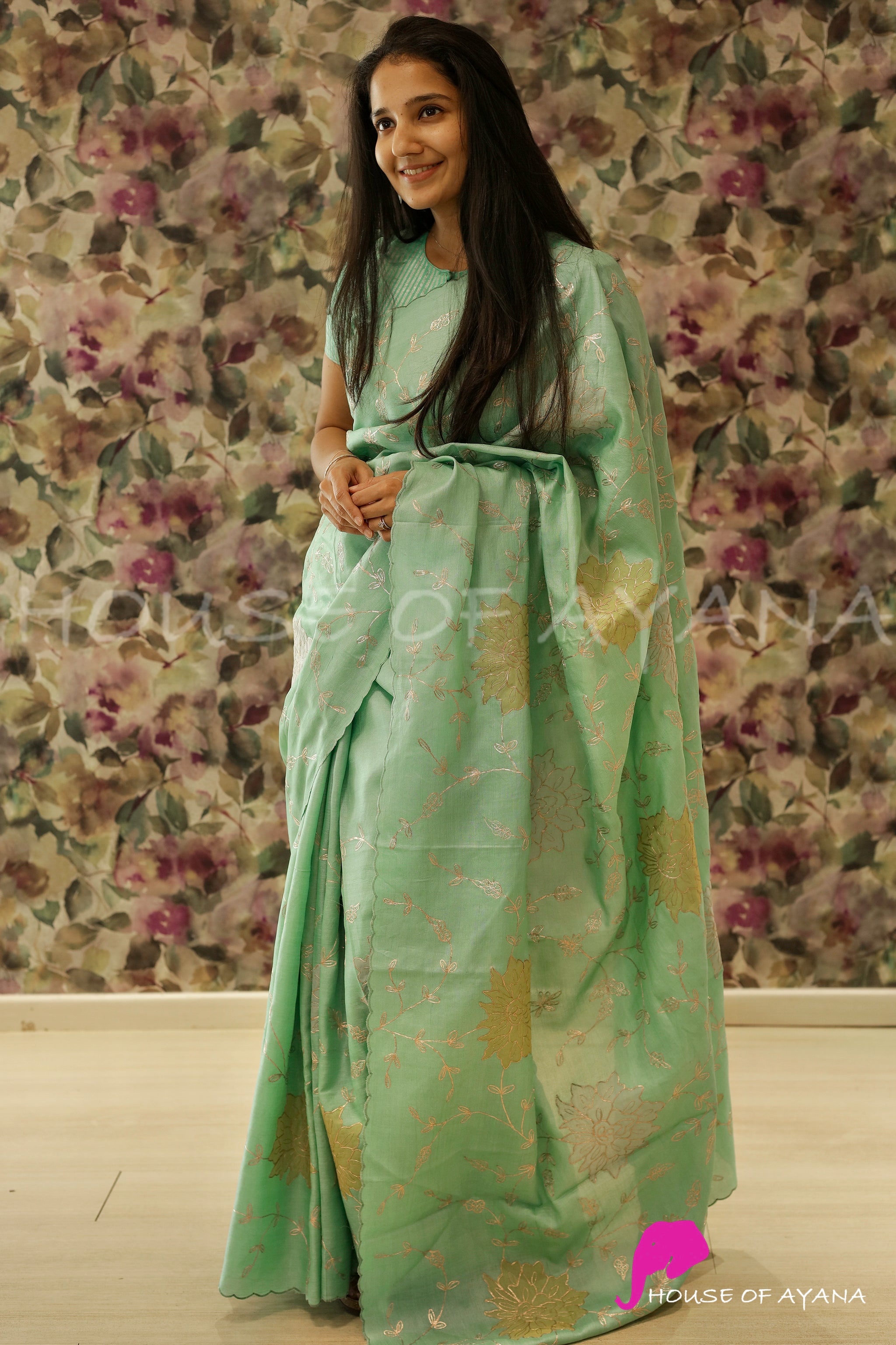 Elahe Embroidered Saree | Teal - House of Ayana